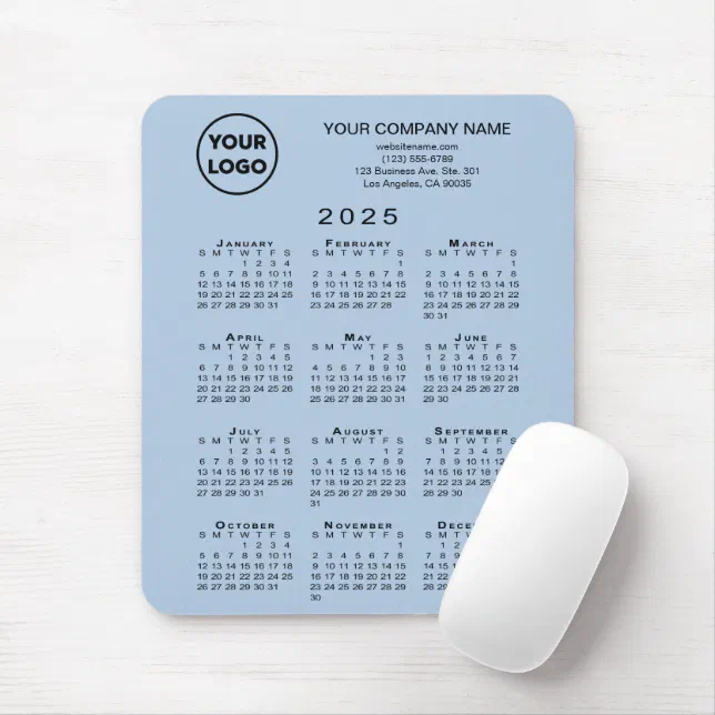 2025 Calendar Business Logo and Text on Light Blue Mouse Mat | Zazzle
