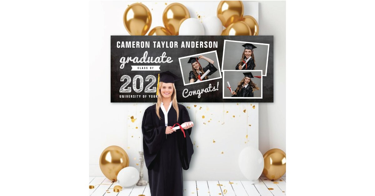2025 Chalkboard Sketch 3 Photo Collage Grad Party Banner | Zazzle