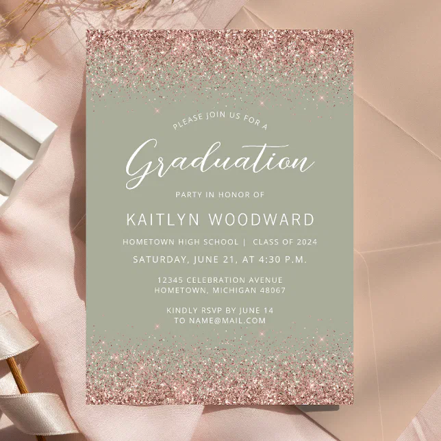 2025 Sage Green Rose Gold Glitter Graduation Party Invitation | Zazzle