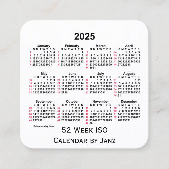 2025 White 52 Week ISO Calendar by Janz Square Business Card | Zazzle