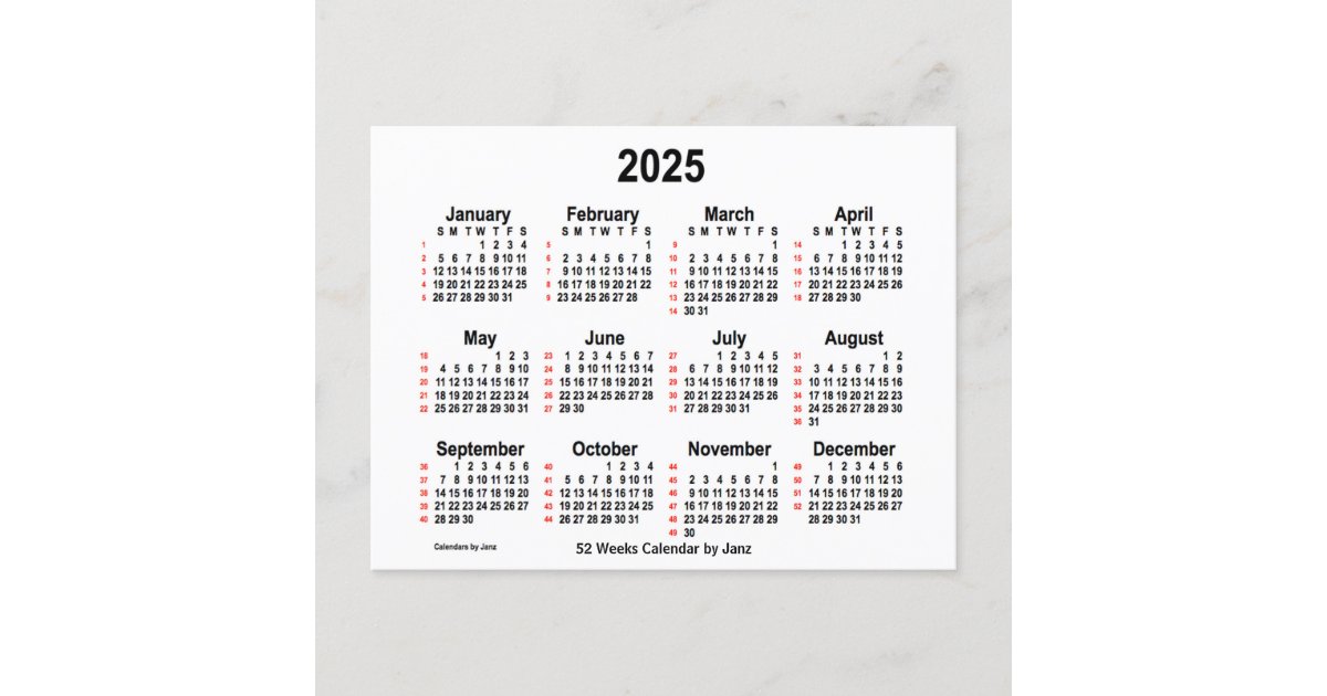 2025 White 52 Weeks Calendar by Janz Postcard | Zazzle