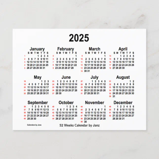 2025 White 52 Weeks Calendar by Janz Postcard | Zazzle