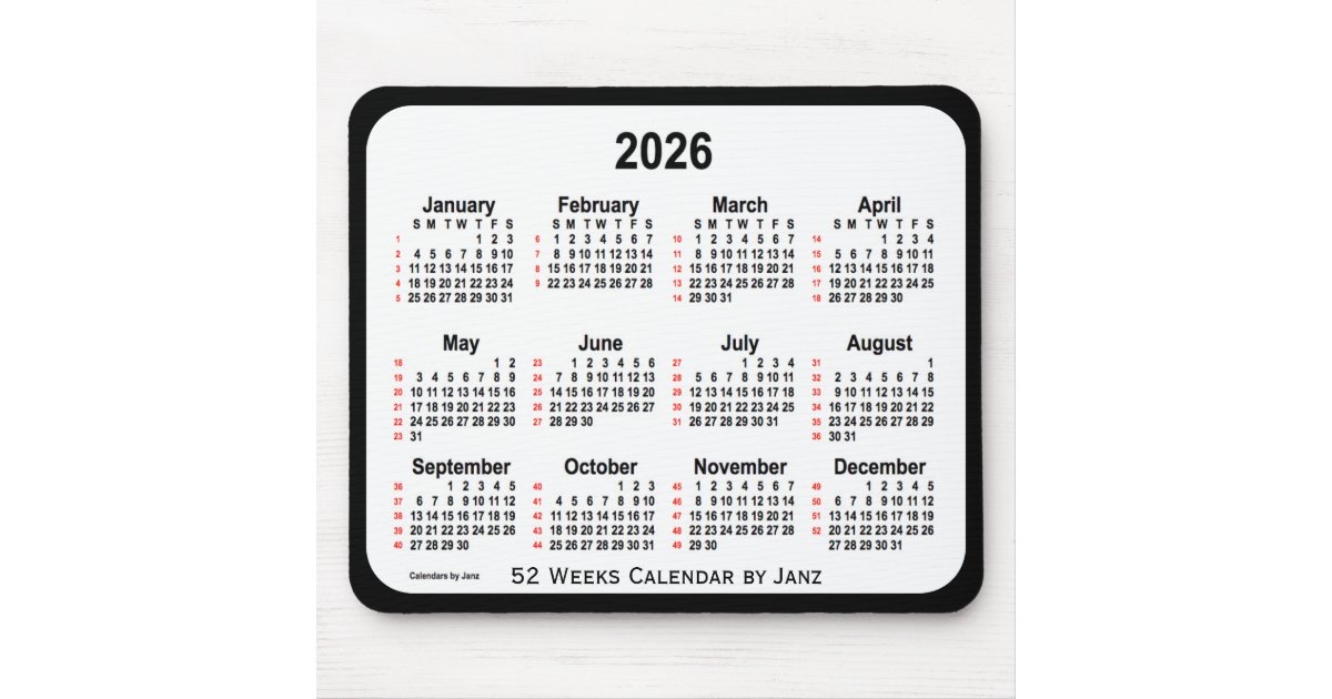 2026 Black Two Tone 52 Weeks Calendar by Janz Mouse Mat | Zazzle