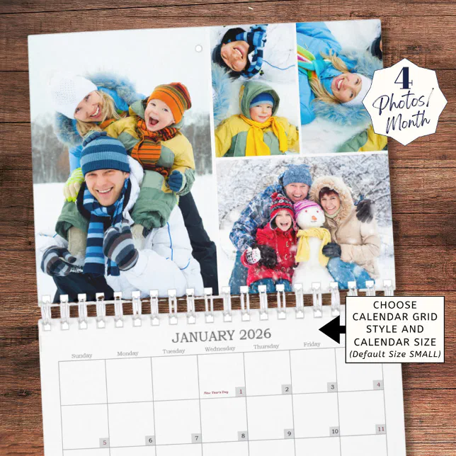2026 Simple Custom Photo Collage 4 Per Month Calendar | Zazzle