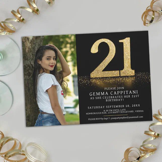 21 gold glitter 21st Birthday custom photo Invitation | Zazzle