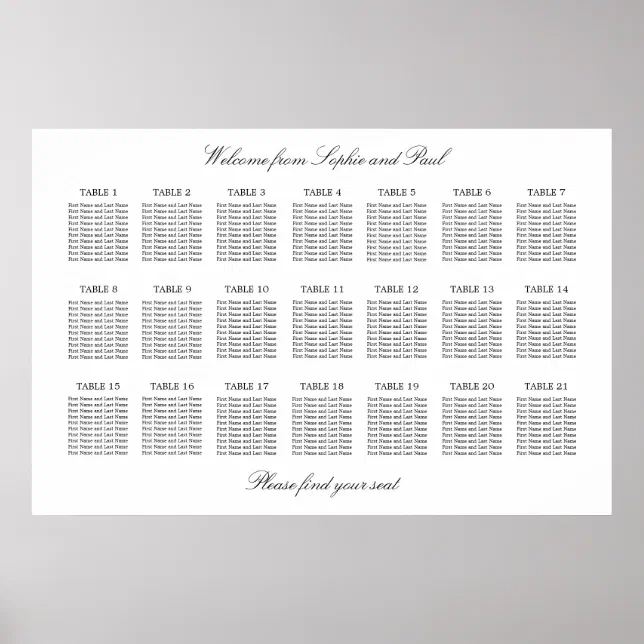 21 Table Elegant Minimalist Seating Chart | Zazzle