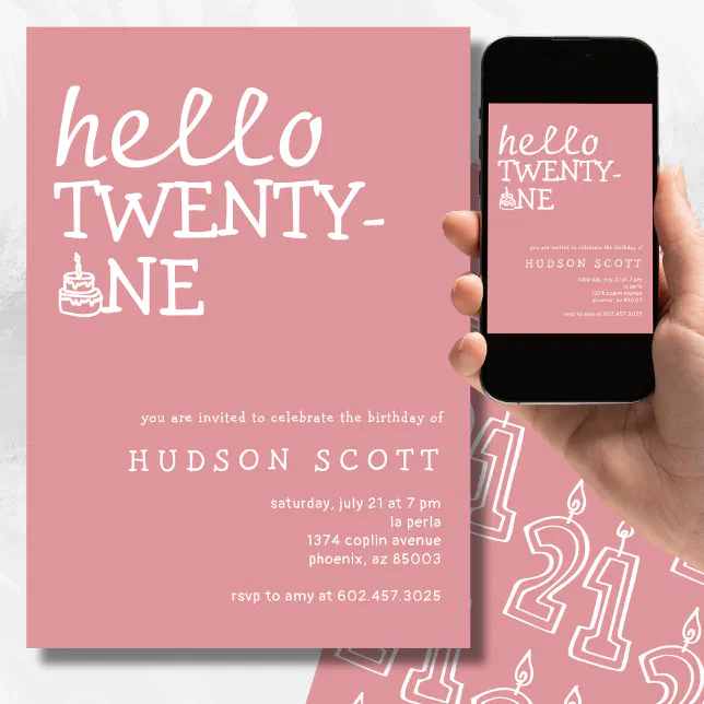 21st Birthday Party Hello Twenty-one Modern Pink Invitation | Zazzle