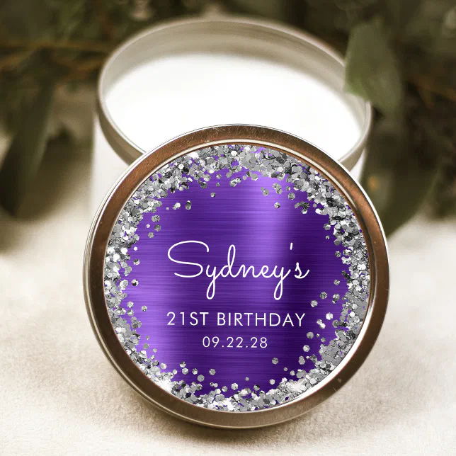 21st Birthday Party Purple Silver Glitter Classic Round Sticker | Zazzle