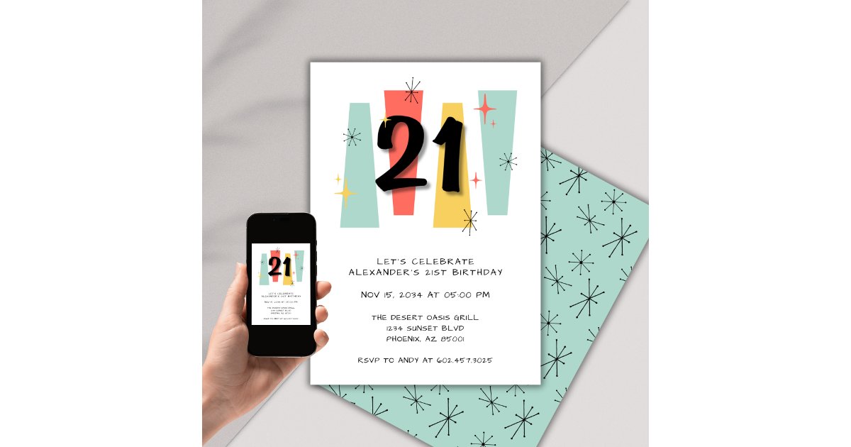21st Birthday Retro Midcentury Modern Colourful Invitation | Zazzle