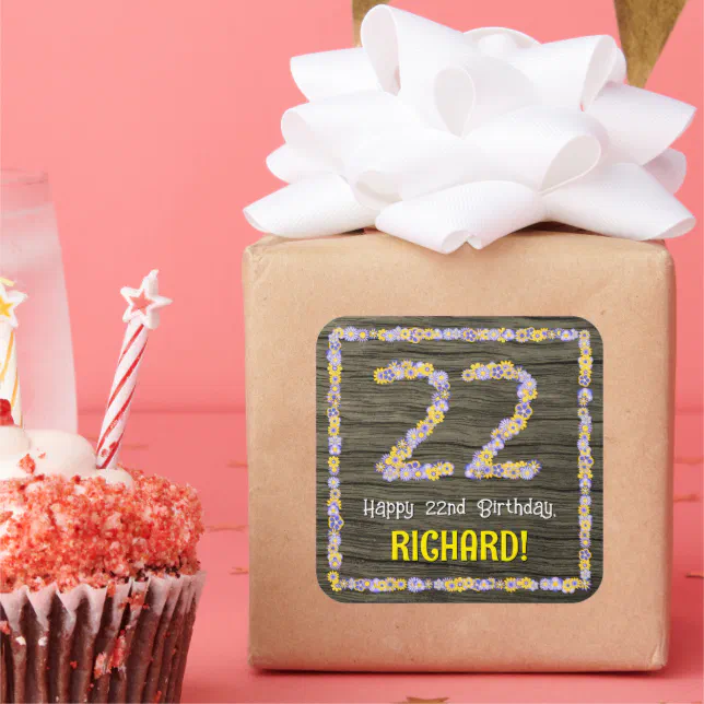 22nd Birthday: Floral Number, Faux Wood Look, Name Square Sticker | Zazzle