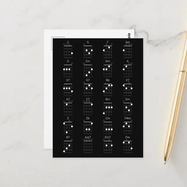 24 Common Ukulele Chords Chart - Uke Cheat Sheet Postcard | Zazzle