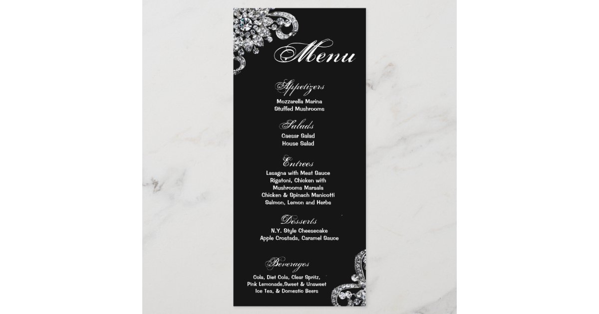 25 Menu Cards Diamond Necklace Jewlery Bling | Zazzle