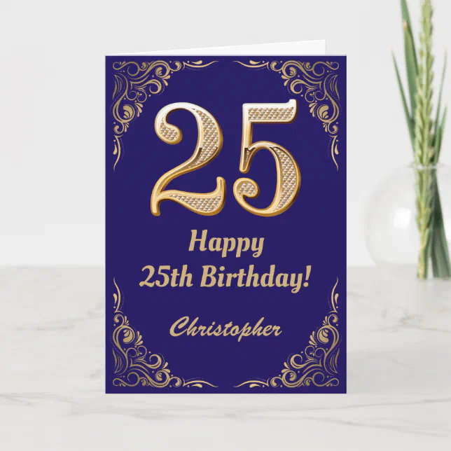 25th Birthday Navy Blue and Gold Glitter Frame Card | Zazzle