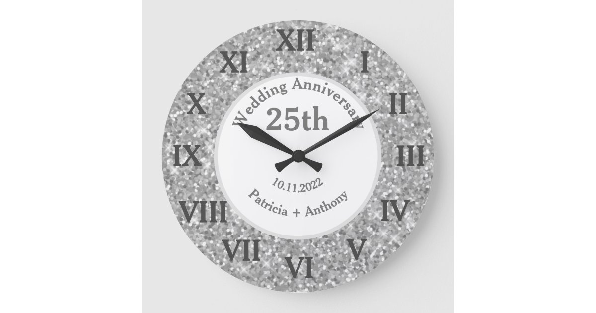 25th Silver Wedding Anniversary Glitter Glam Large Clock | Zazzle