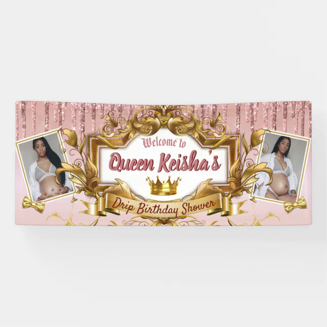 2 Photos Royalty Pink Rose Gold Glitter Drip Banner | Zazzle