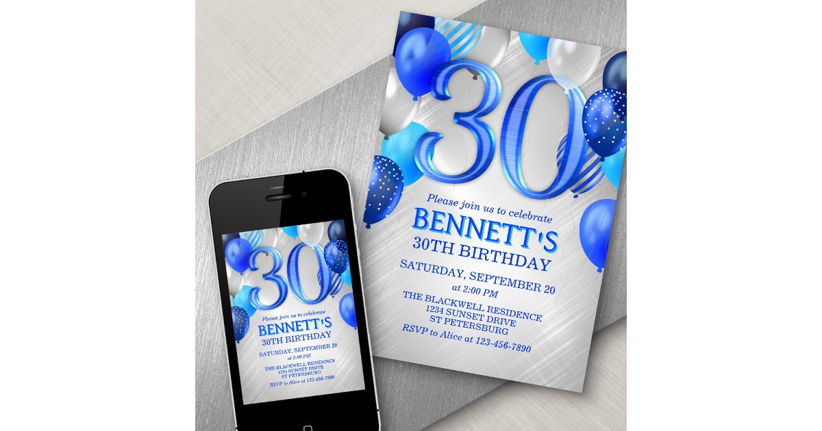 30th Birthday Blue Balloons Invitation | Zazzle