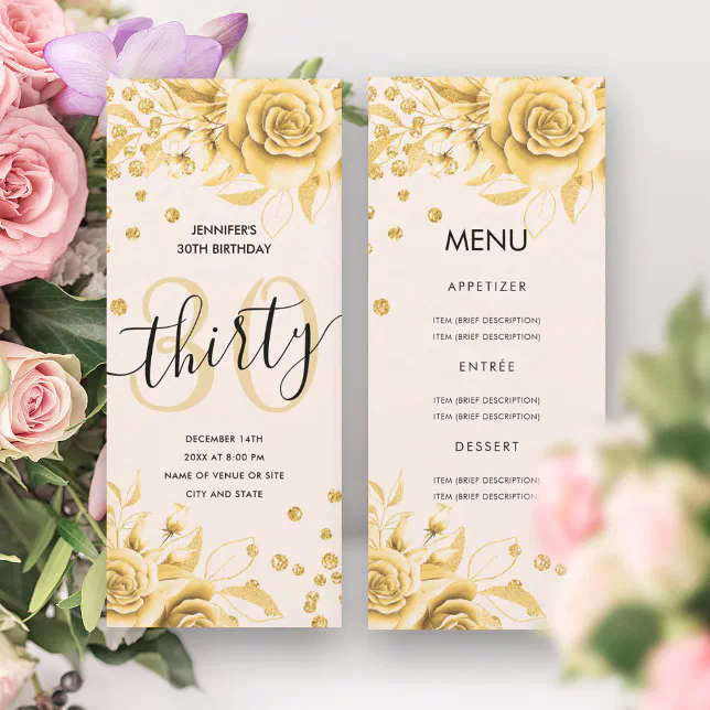 30th Birthday Menu Gold Floral Glitter Invitation | Zazzle