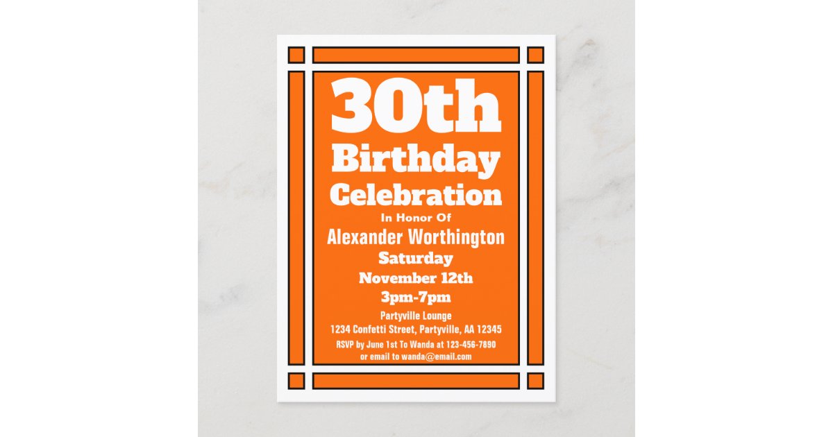 30th Orange Simple Birthday Invitation Postcard | Zazzle