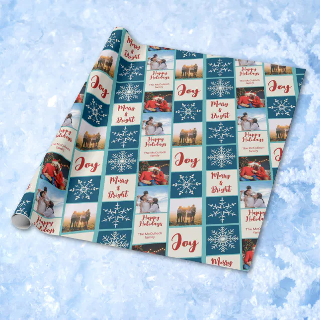 3 Family Photo Collage Script Happy Holidays 2025 Wrapping Paper | Zazzle