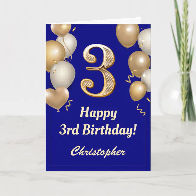 3rd Birthday Navy Blue and Gold Balloons Confetti Card | Zazzle