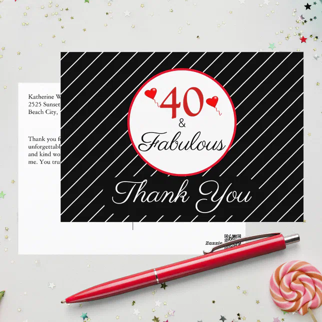 40 & Fabulous 40th Birthday Photo Black Thank You Postcard | Zazzle