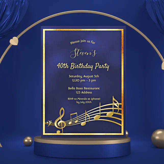 40th birthday blue gold music notes invitation postcard | Zazzle