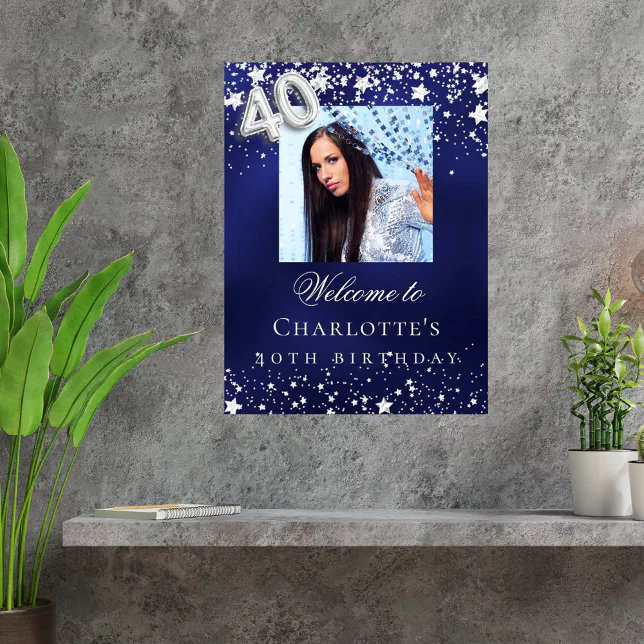 40th Birthday blue silver stars photo welcome Poster | Zazzle
