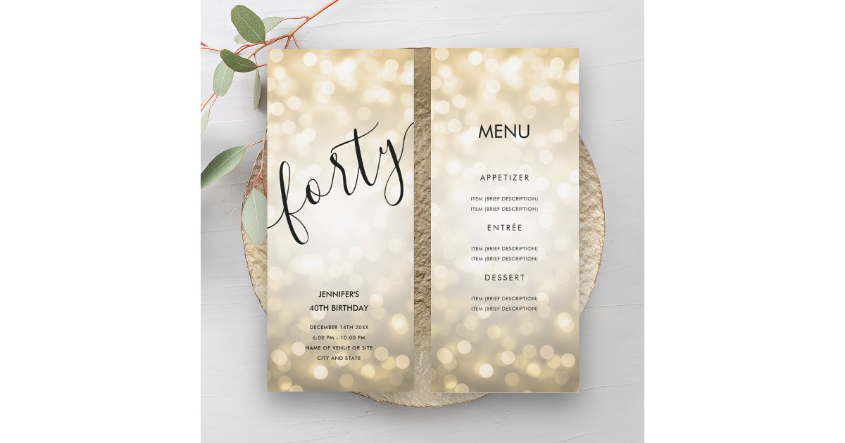 40th Birthday Menu Gold Glitter Lights Invitation | Zazzle