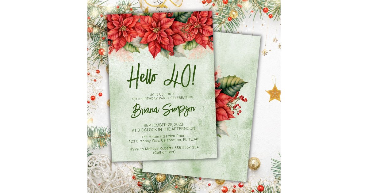 40th Birthday Party Christmas Poinsettia Invitation | Zazzle