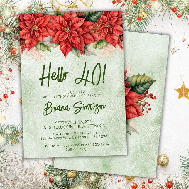 40th Birthday Party Christmas Poinsettia Invitation | Zazzle