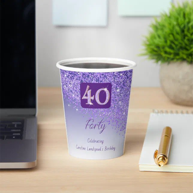 40th Birthday Party Sparkle Purple Glitter Paper Cups | Zazzle