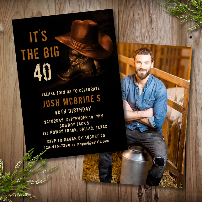 40th Birthday Photo Rustic Cowboy Hat Boots Invitation | Zazzle