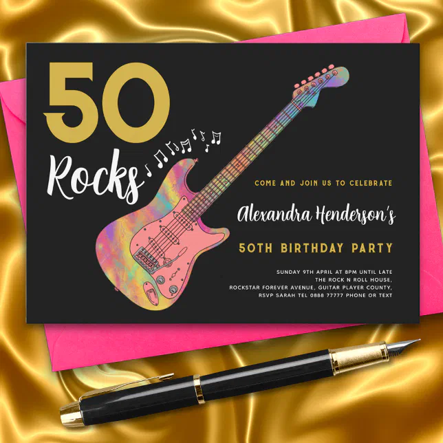 50 Rocks Cool Pink Guitar 50th Birthday Party Invitation | Zazzle
