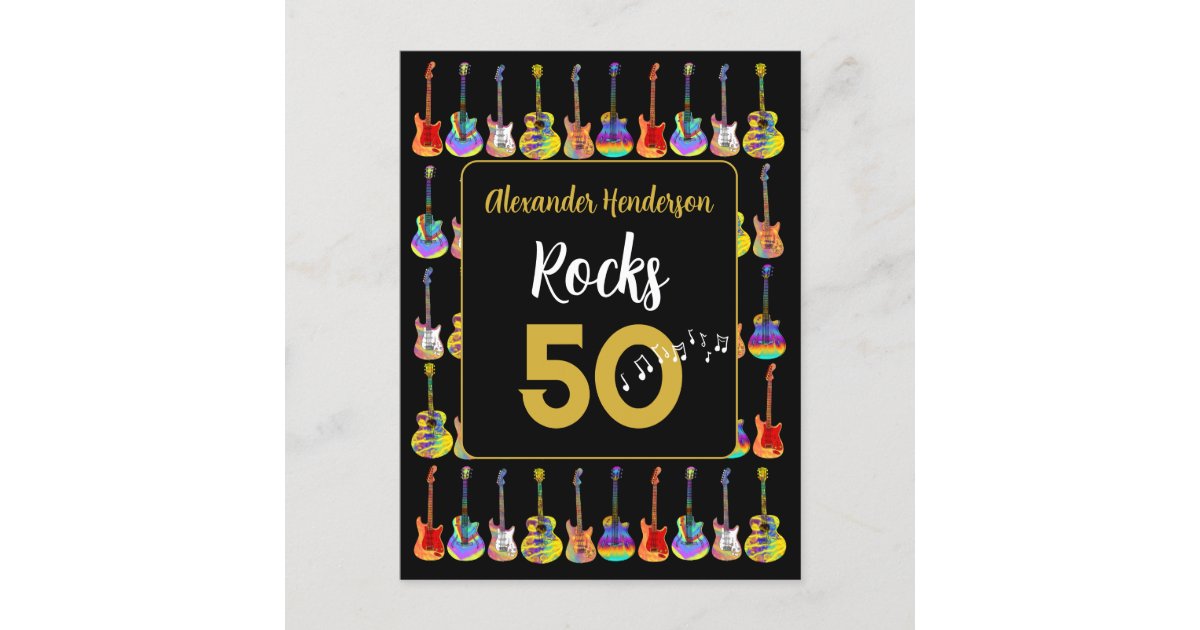 50th birthday Guitar Rocks 50 Personalised Postcard | Zazzle