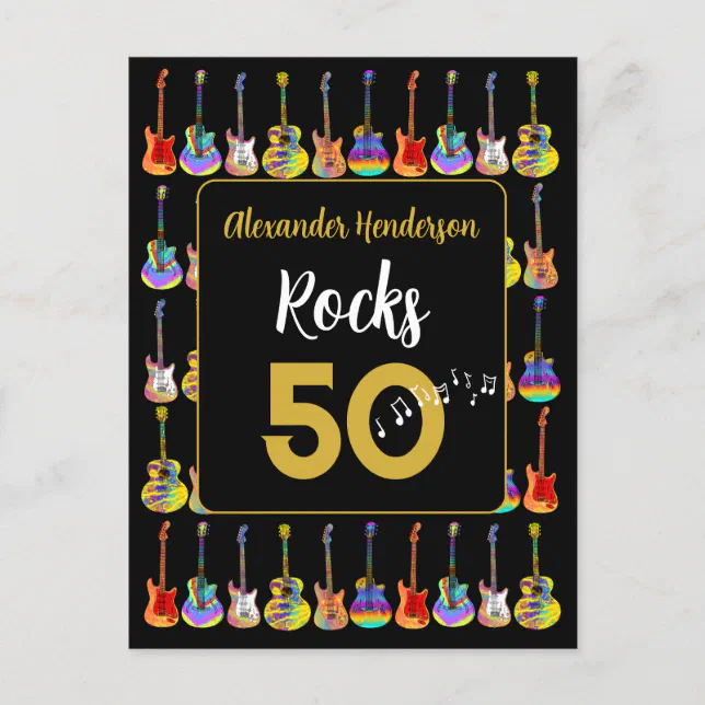 50th birthday Guitar Rocks 50 Personalised Postcard | Zazzle