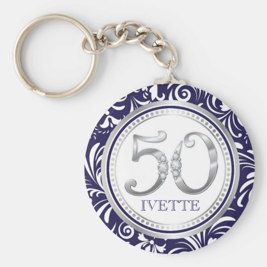 50th Birthday Key Chain-Navy Blue & Silver Key Ring | Zazzle.co.uk