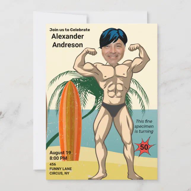 50th Birthday 藍 Mens Funny Bodybuilder Muscle Invitation | Zazzle
