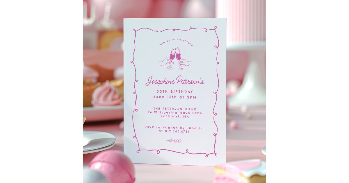 50th Birthday Party Pink Whimsical Doodle Invitation | Zazzle