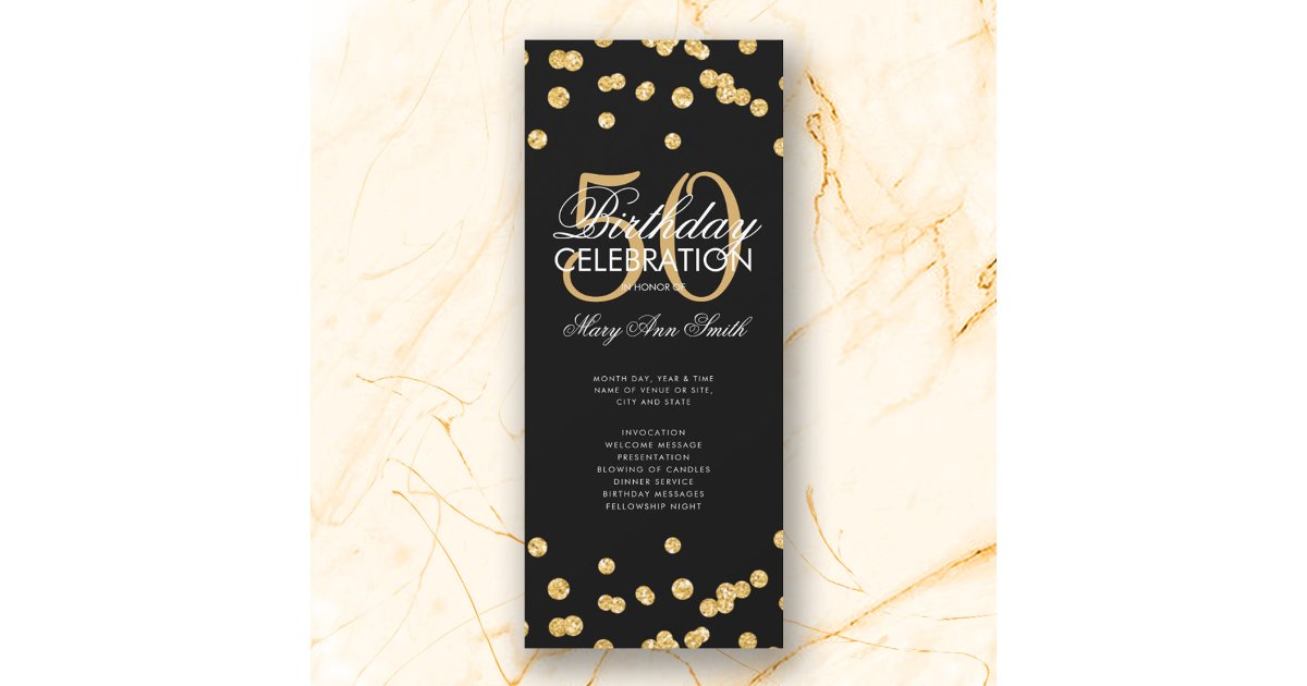 50th Birthday Party Program Gold Glitter w/ Menu Invitation | Zazzle