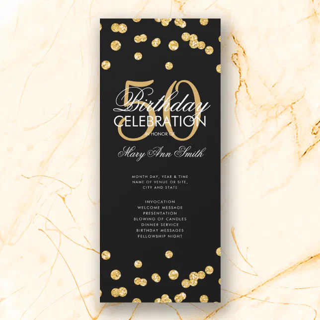 50th Birthday Party Program Gold Glitter w/ Menu Invitation | Zazzle