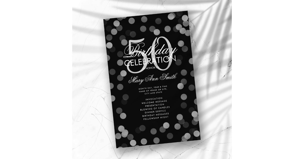 50th Birthday Party Program Silver Confetti Menu | Zazzle