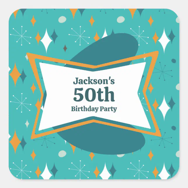 50th Birthday Party Retro Mid Century Any Age Square Sticker | Zazzle
