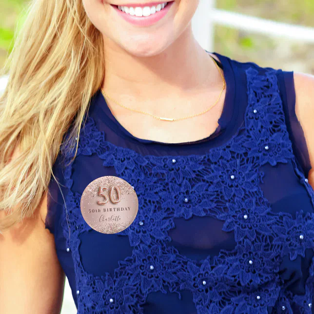 50th birthday rose gold blush name 3 cm round badge | Zazzle
