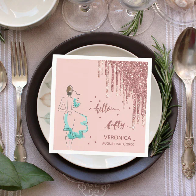 50th birthday rose gold glitter drip hello 50 name napkin | Zazzle