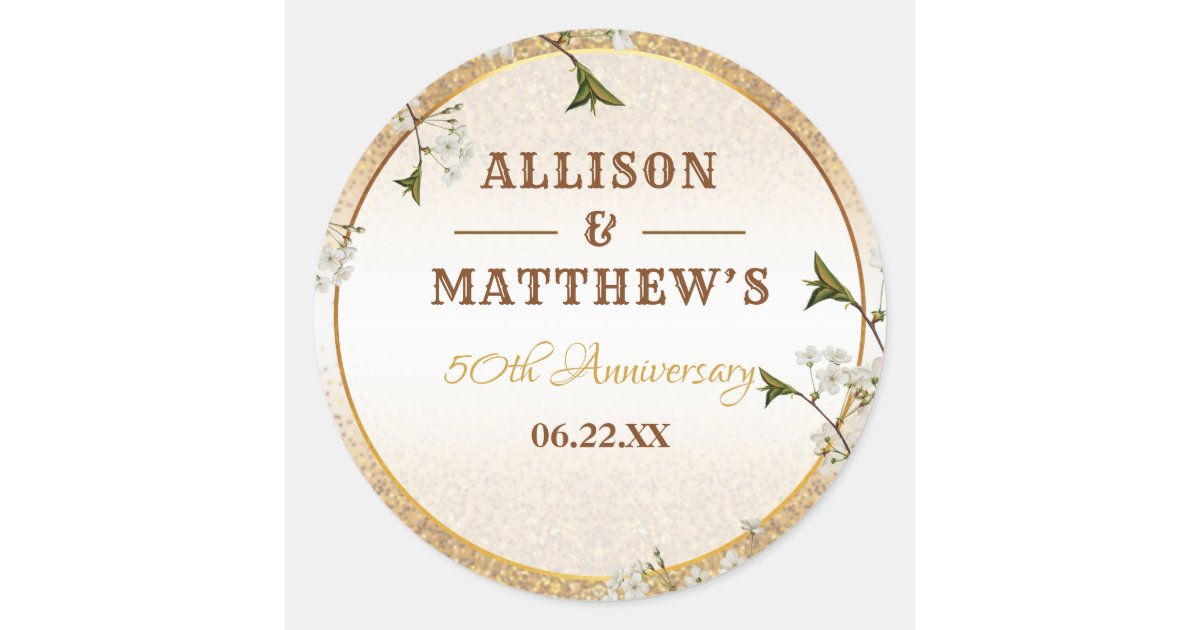50th Gold Glitter Frame Floral Wedding Anniversary Classic Round ...
