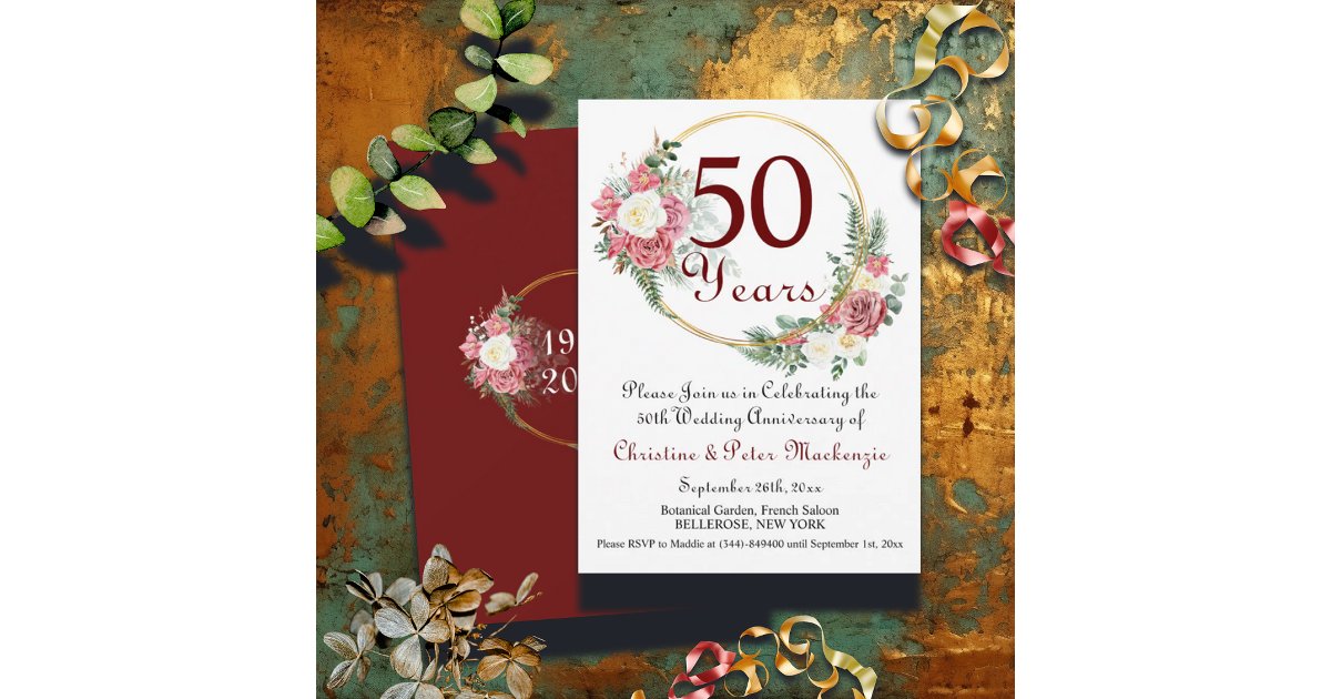 50th Gold Wedding Anniversary Roses Gold Frame Invitation | Zazzle