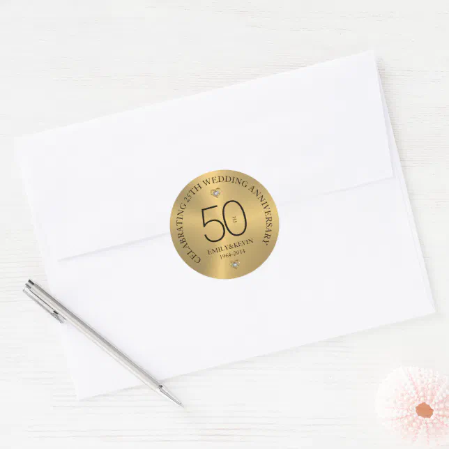 50th Wedding Anniversary & Gold Design Classic Round Sticker | Zazzle