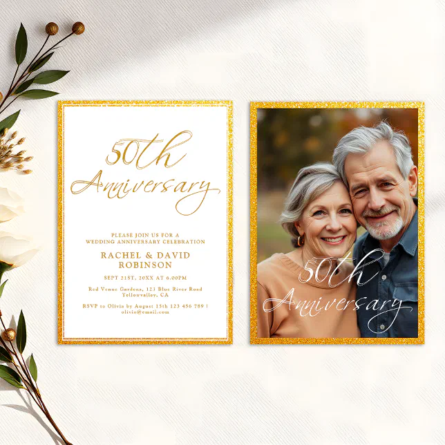50th Wedding Anniversary Golden Script Photo Invitation | Zazzle
