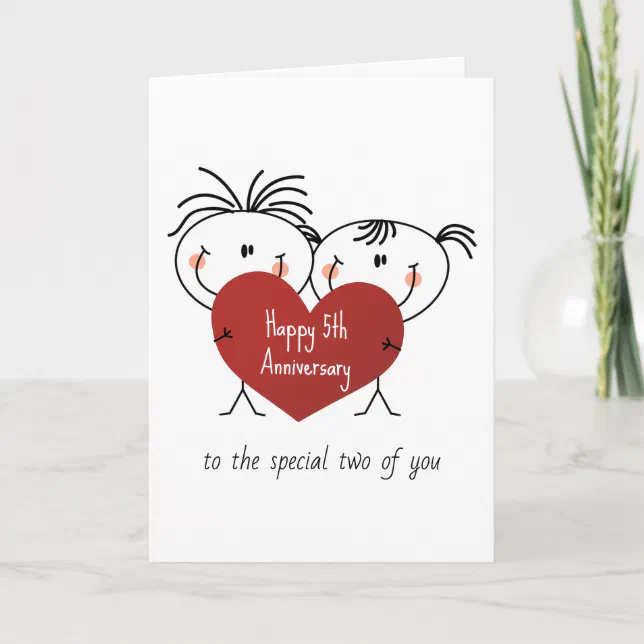 5th Anniversary Stick Figure Couple With Heart Card | Zazzle