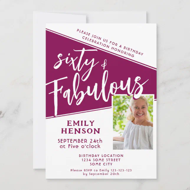 60 and Fabulous Script Magenta Photo 60th Birthday Invitation | Zazzle
